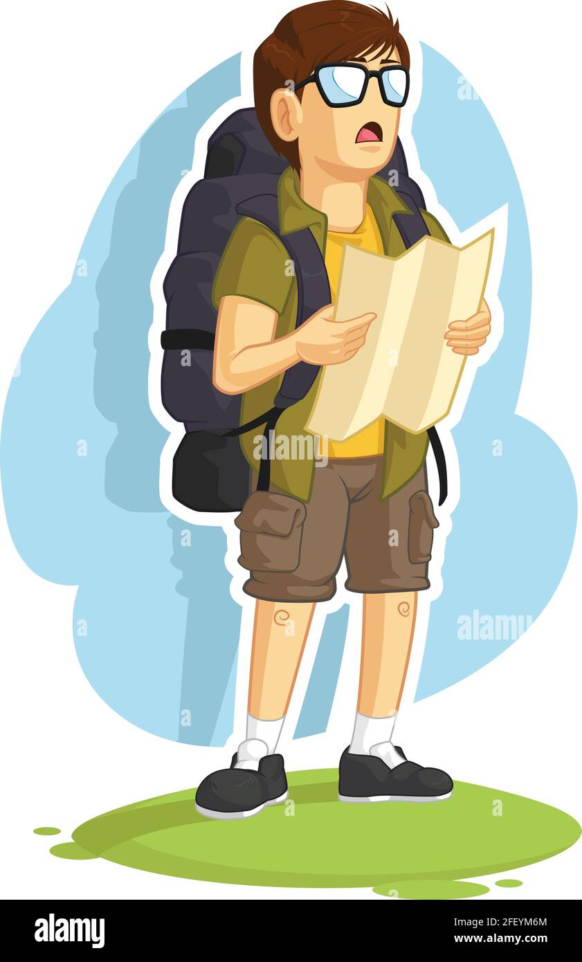 Backpacker Boy Reading Hiking Map Travel Direction Cartoon Drawing ...