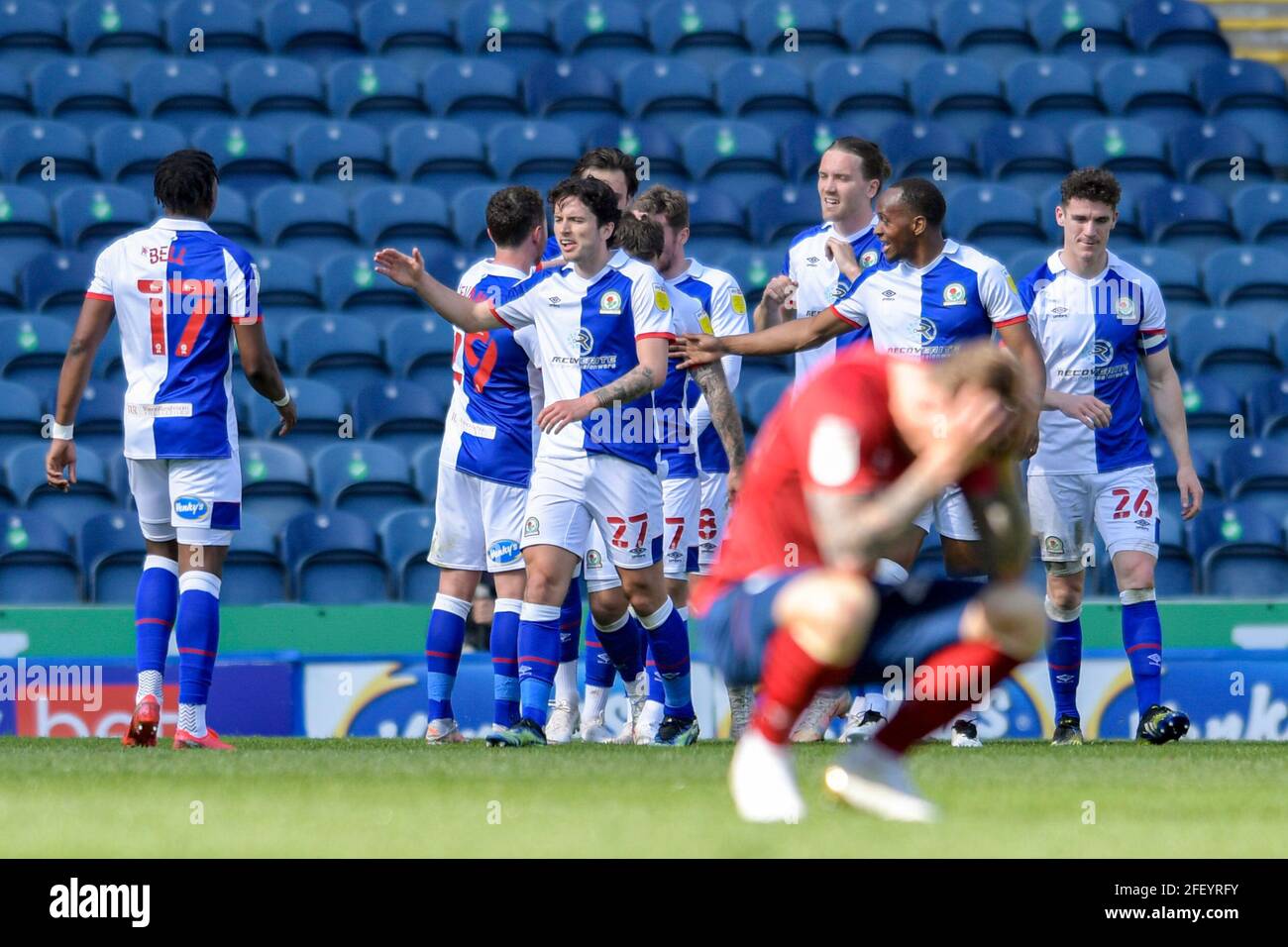 Sam Gallagher #9 of Blackburn Rovers celebrates scoring a goal with his ...