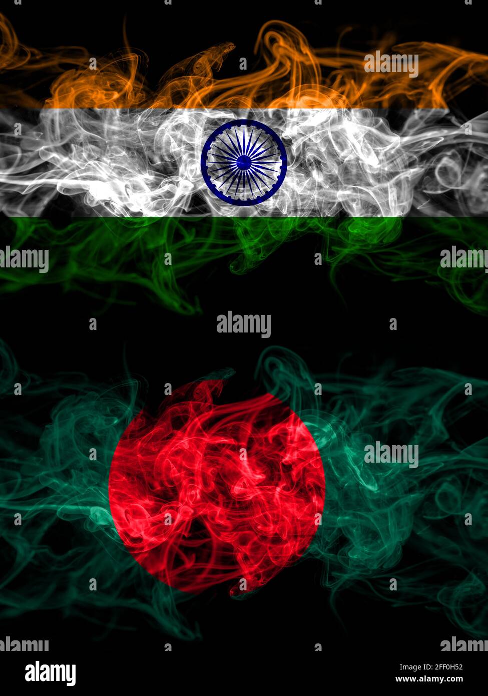 India, Indian vs Bangladesh, Bangladeshi smoky mystic flags placed side ...