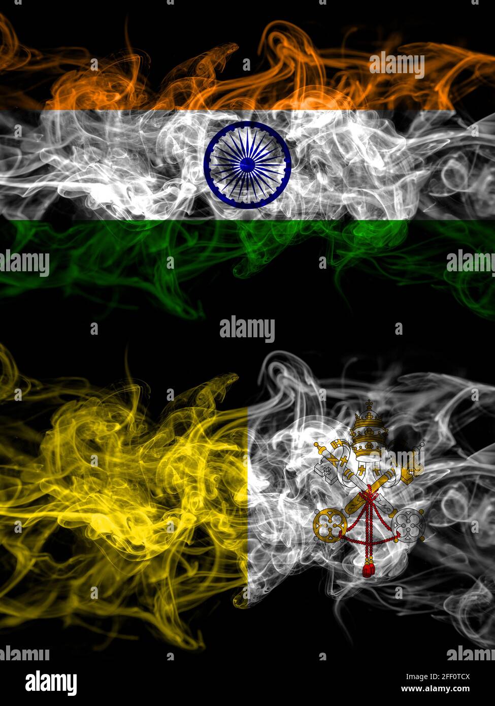 India, Indian vs Italy, Italian, Vatican smoky mystic flags placed side ...
