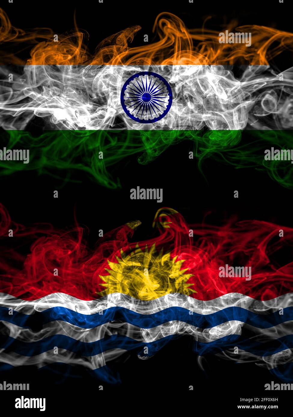 India, Indian vs Kiribati smoky mystic flags placed side by side. Thick ...