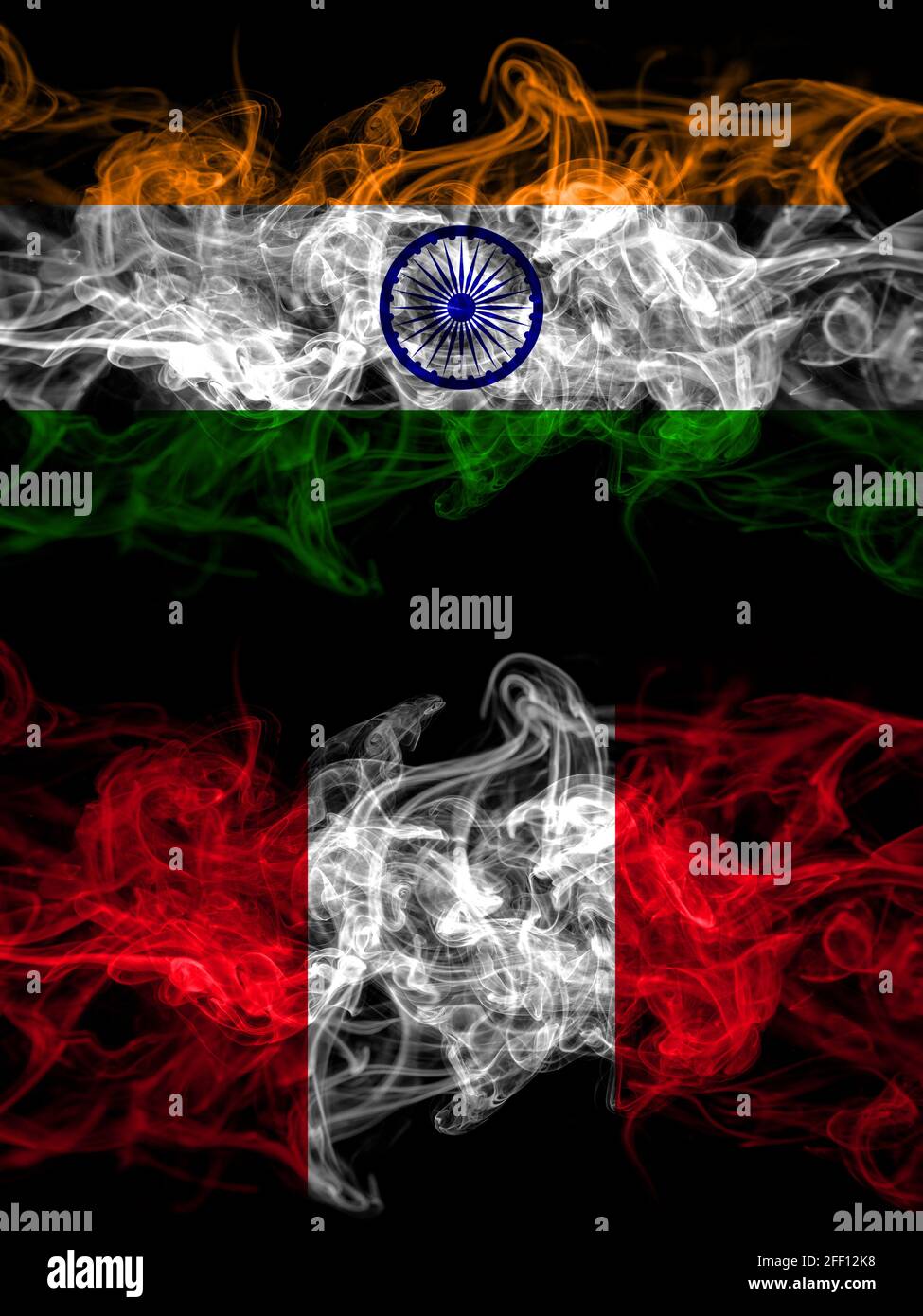 India, Indian vs Peru, Peruvian smoky mystic flags placed side by side ...