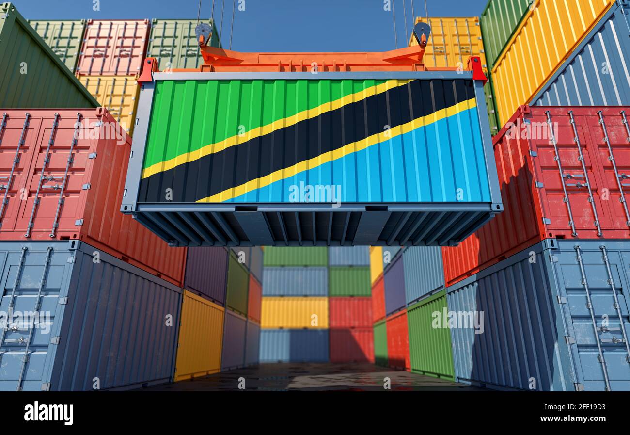 Container Terminal. Shipping Container with Tanzania flag - 3D ...