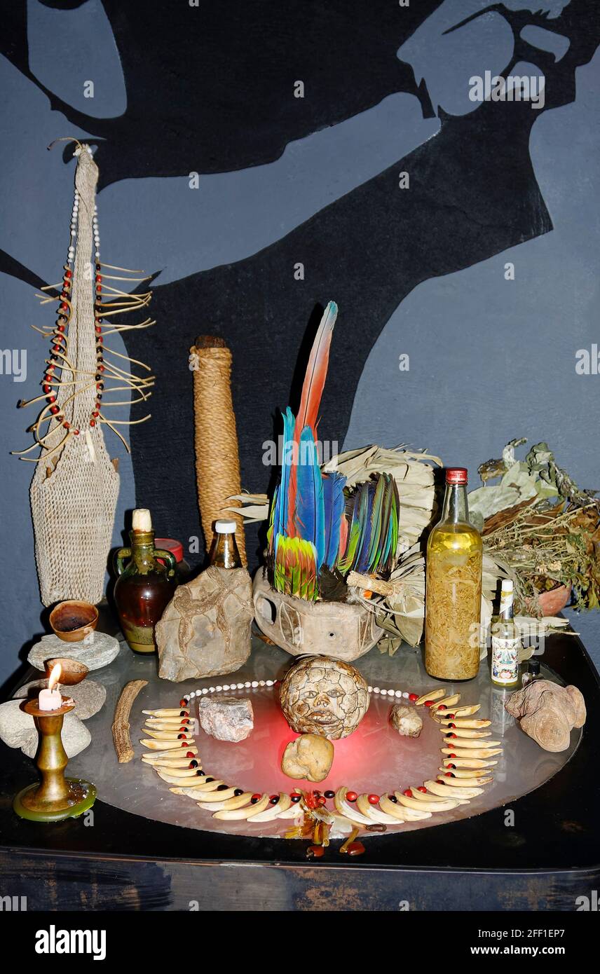 display, indigenous items, necklace, bottles, feathers, rocks, Mindalae ...