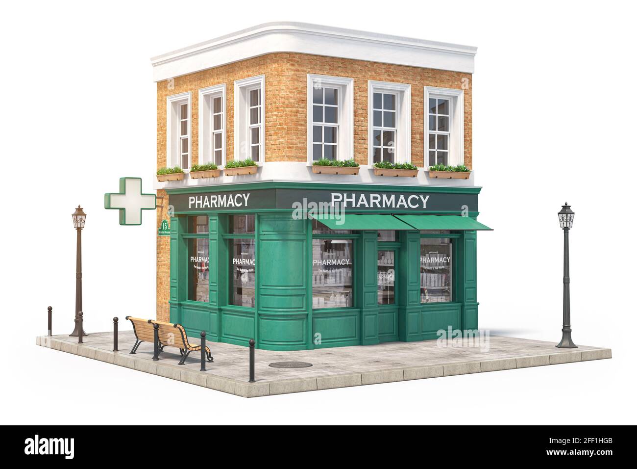 Pharmacy or drug store building exterior isolated on white background ...