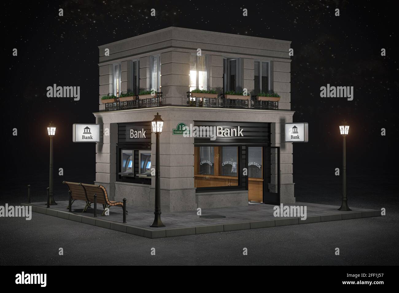 Bank branch office building at night. 3d illustration Stock Photo - Alamy