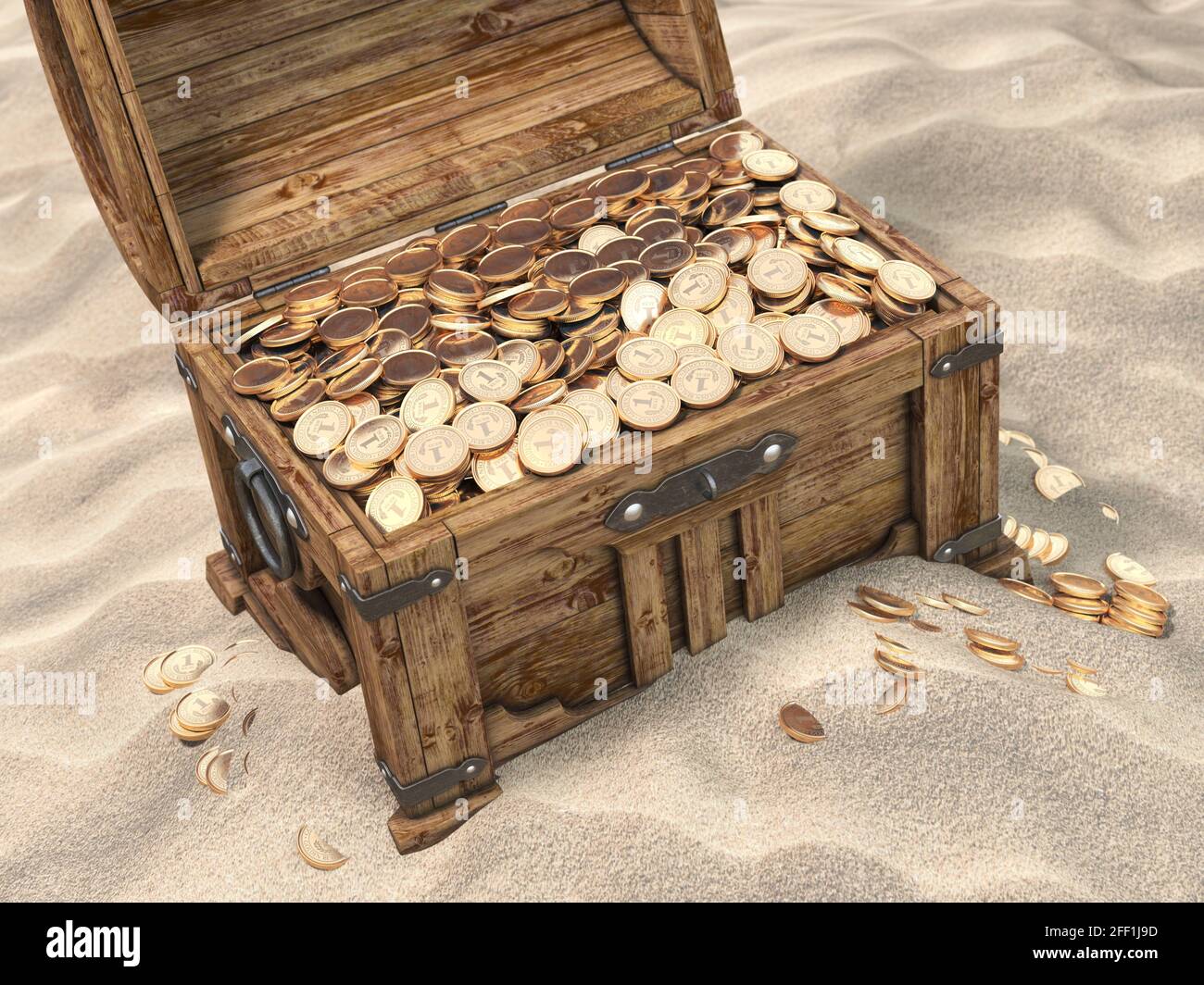 Open treasure chest full of golden coins on sandy beach. Wealth and ...