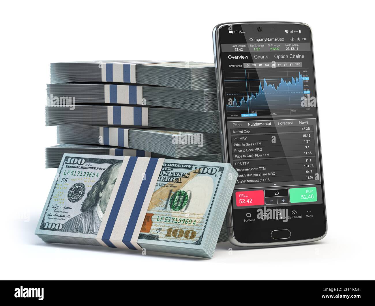 Stock market trading concept. Mobile phone and packs of dollar isolated ...