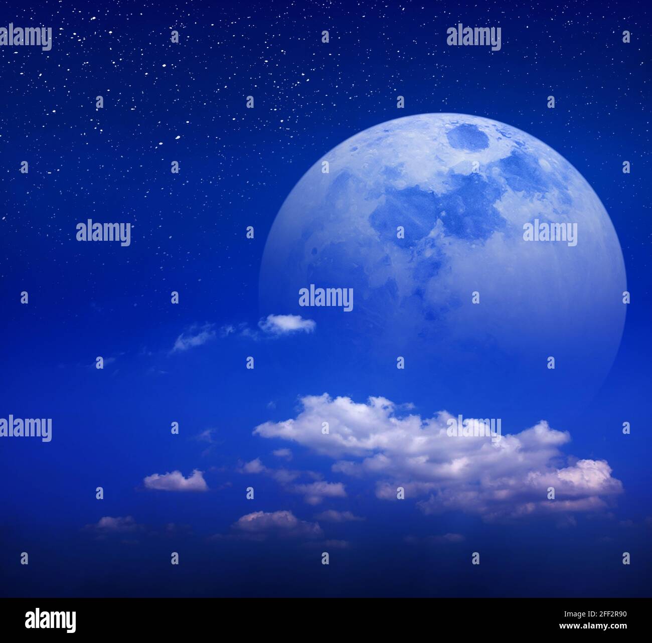 Landscape of beautiful moon with many stars and clouds. Super moon ...