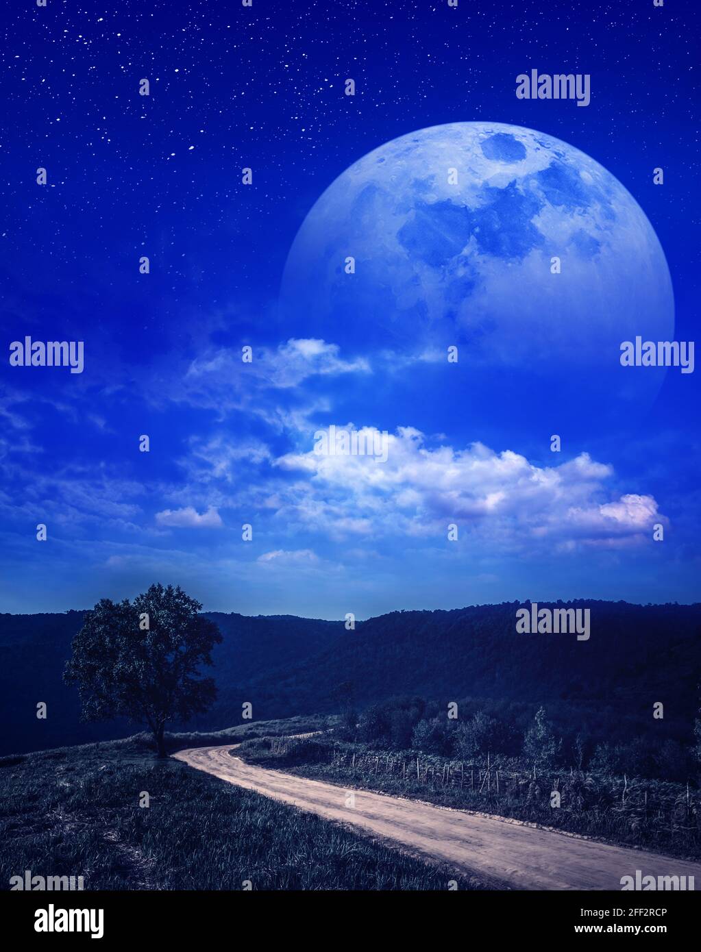 Landscape of beautiful moon with many stars and clouds. Super moon ...