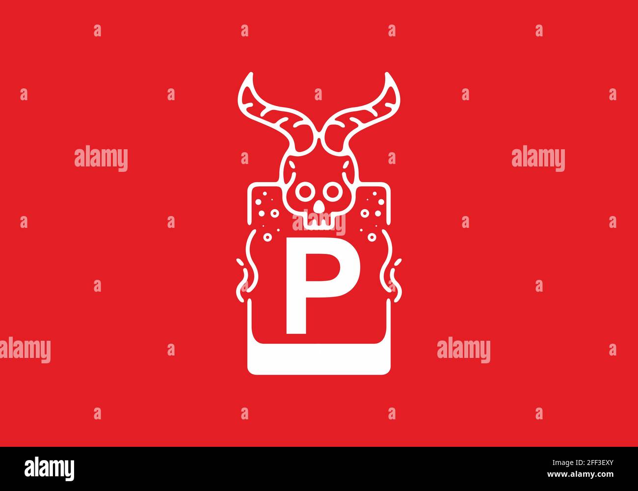 White red line art illustration of skull with P initial letter in the ...
