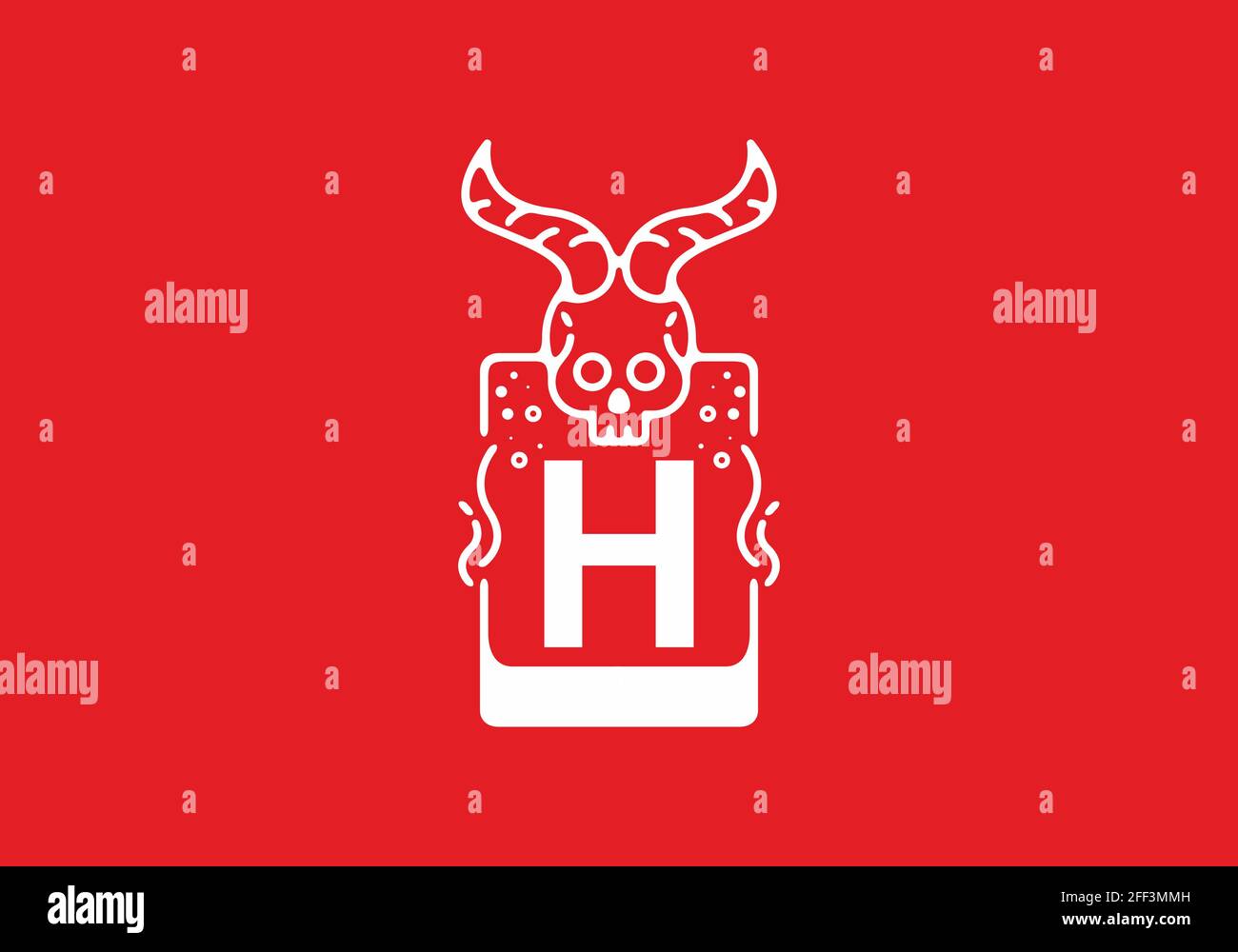 White red line art illustration of skull with H initial letter in the ...