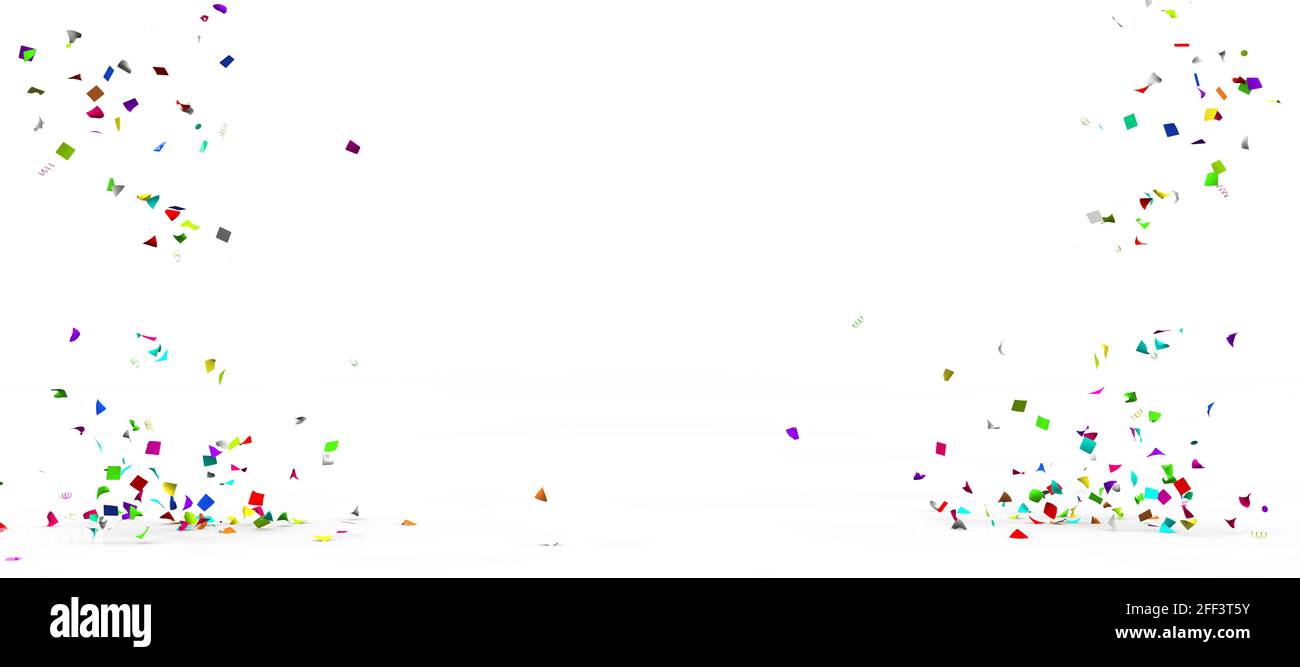 Colorful shiny confetti falls from both sides. Banner format. In the ...