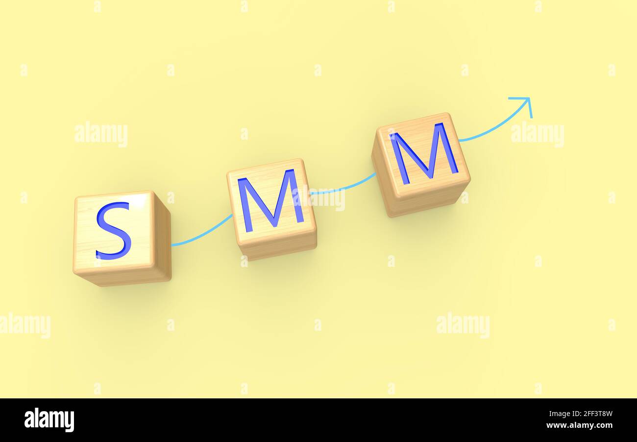 The word SMM is laid out of wooden cubes on a yellow background ...