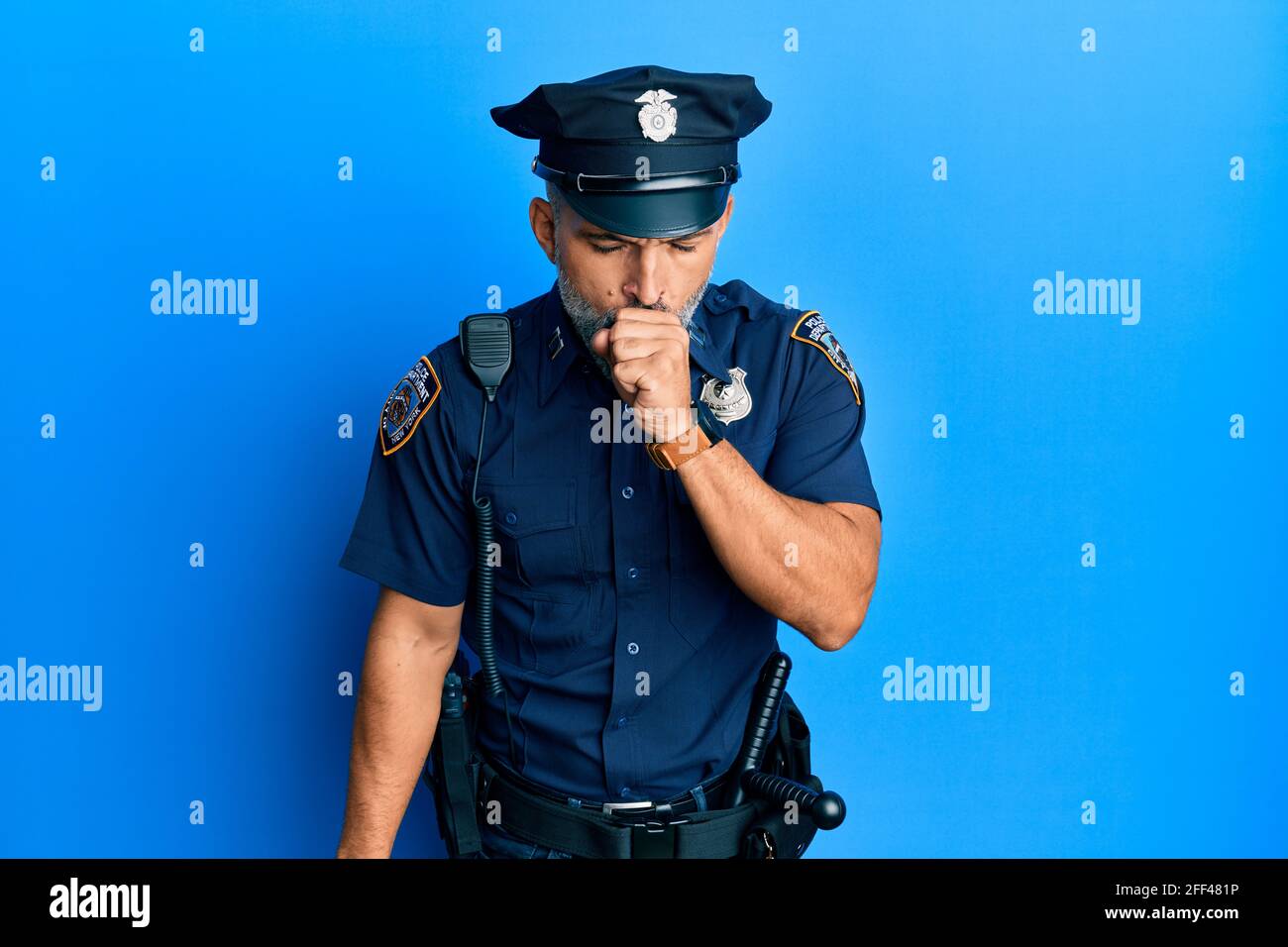 Middle age handsome man wearing police uniform feeling unwell and ...