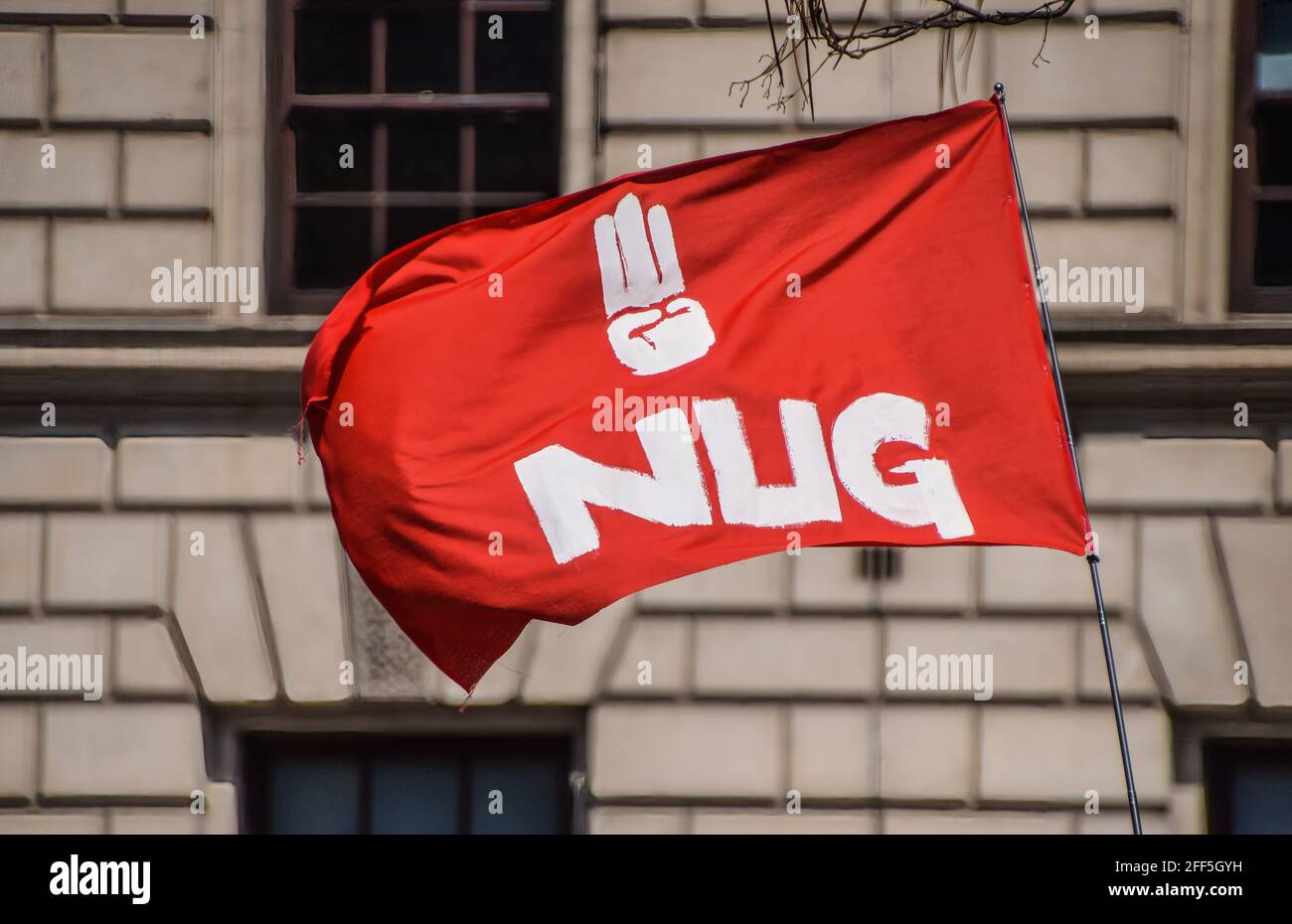 London, UK. 24th Apr, 2021. The NUG (National Unity Government) flag ...