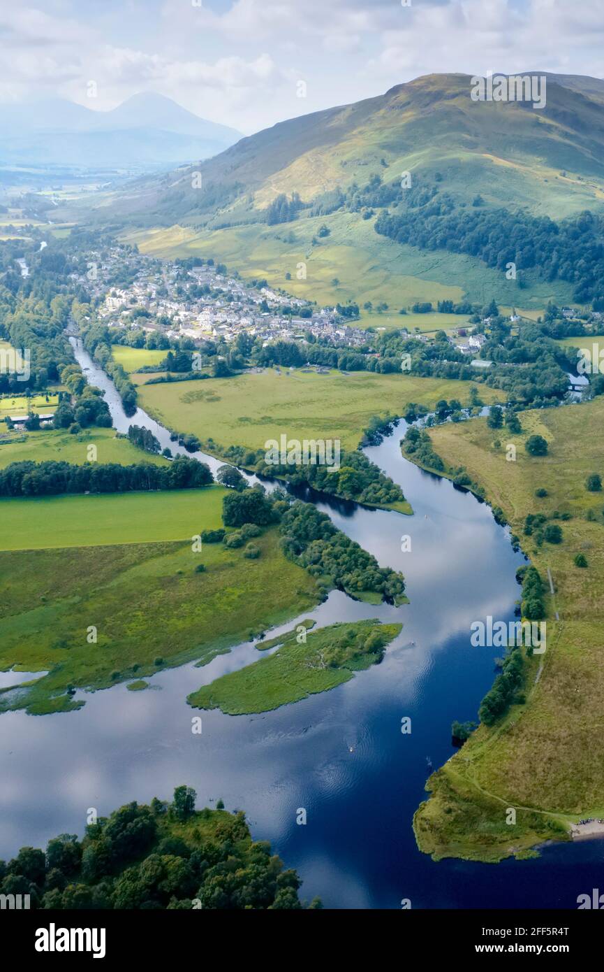 Loch Tay aerial view during summer and mountains in Perthshire Stock ...
