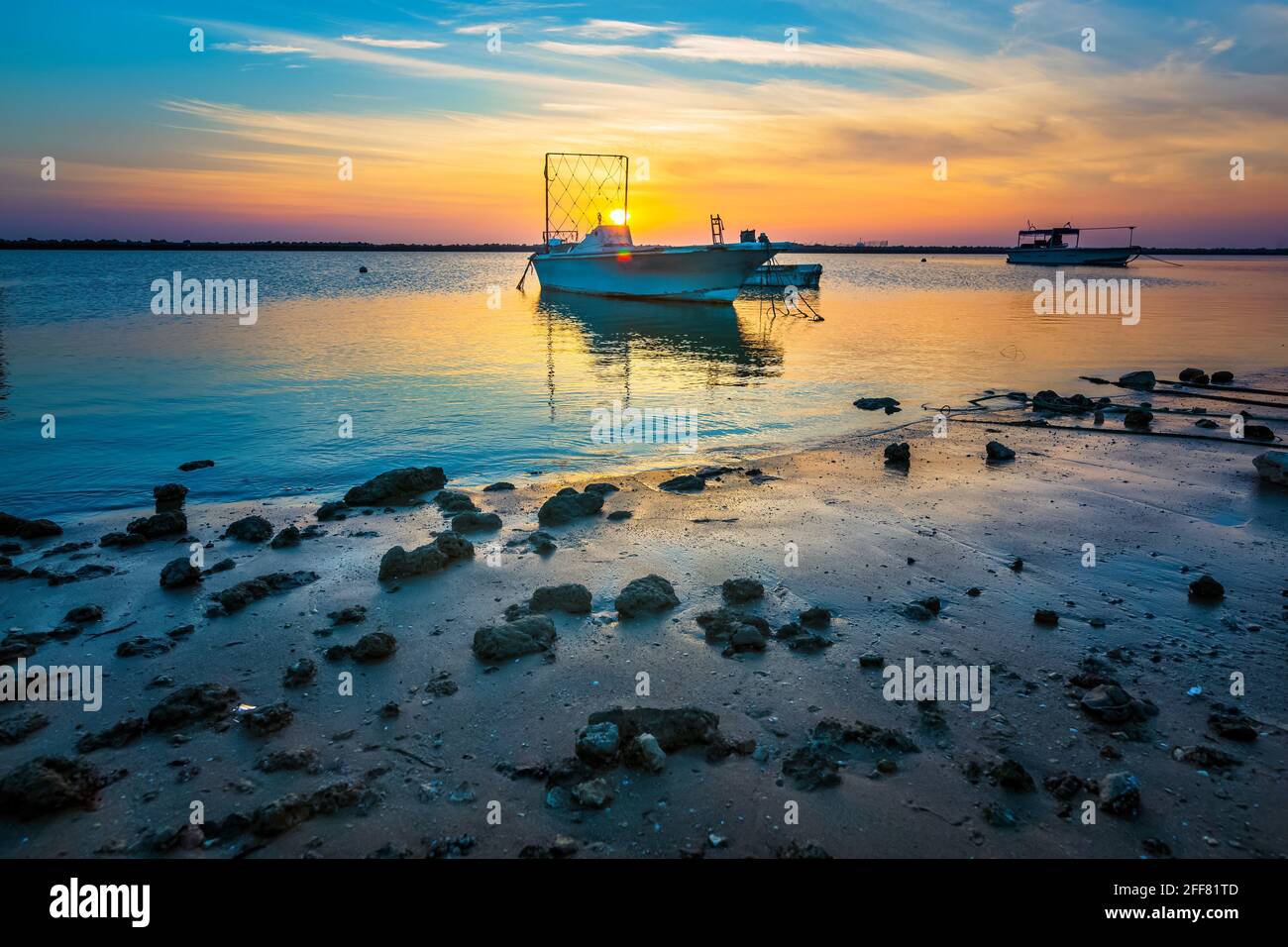 Boats on Dammam sea side with sunrise background view. Dammam, Saudi ...