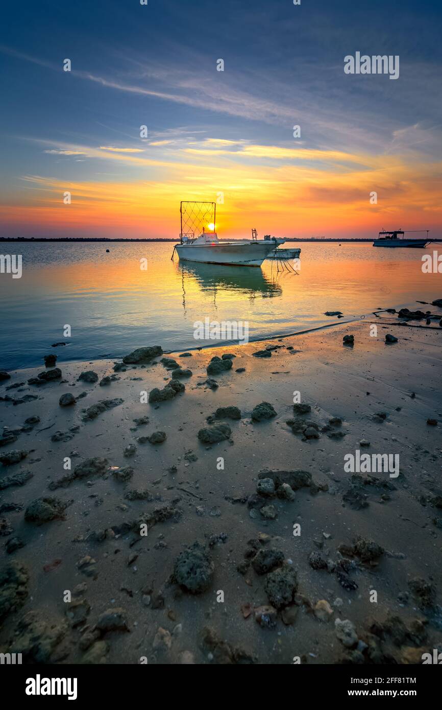 Boats on Dammam sea side with sunrise background view. Dammam, Saudi ...