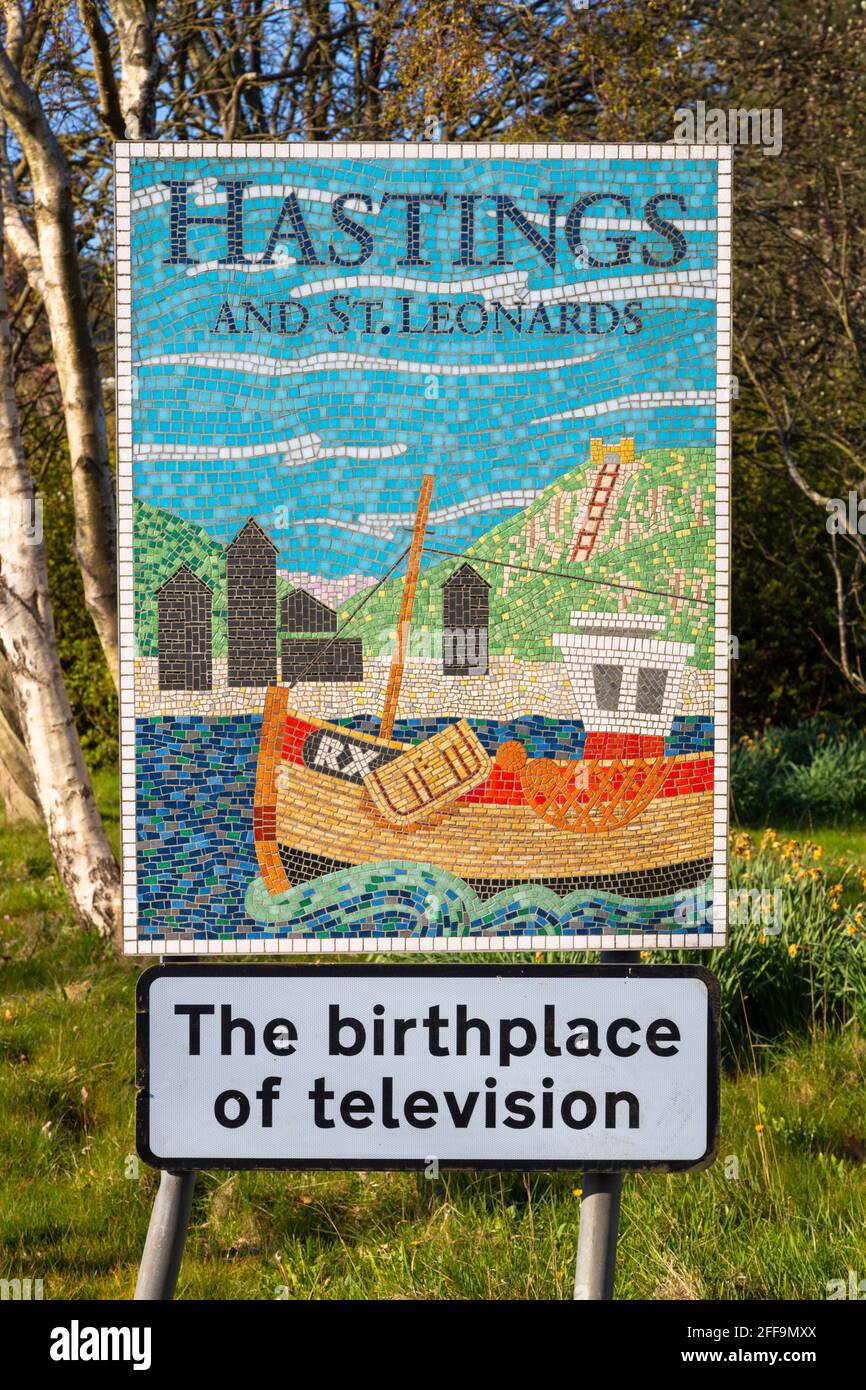 Hastings and St. Leonards, birthplace of television mosaic sign at the ...