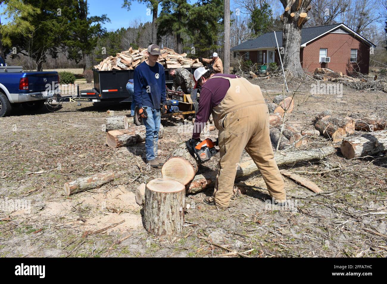 Men cutting logs to be split into firewood Stock Photo - Alamy