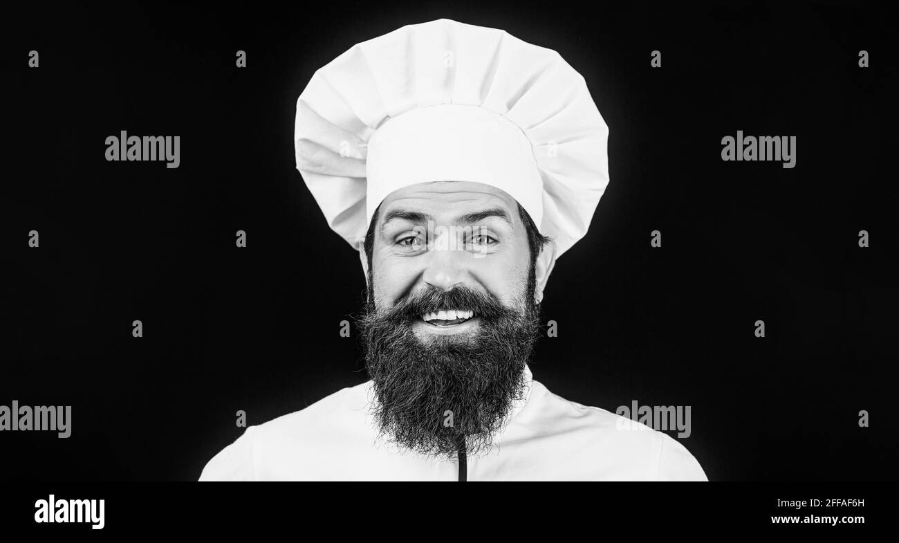 Funny chef with beard cook. Beard man and moustache wearing bib apron ...
