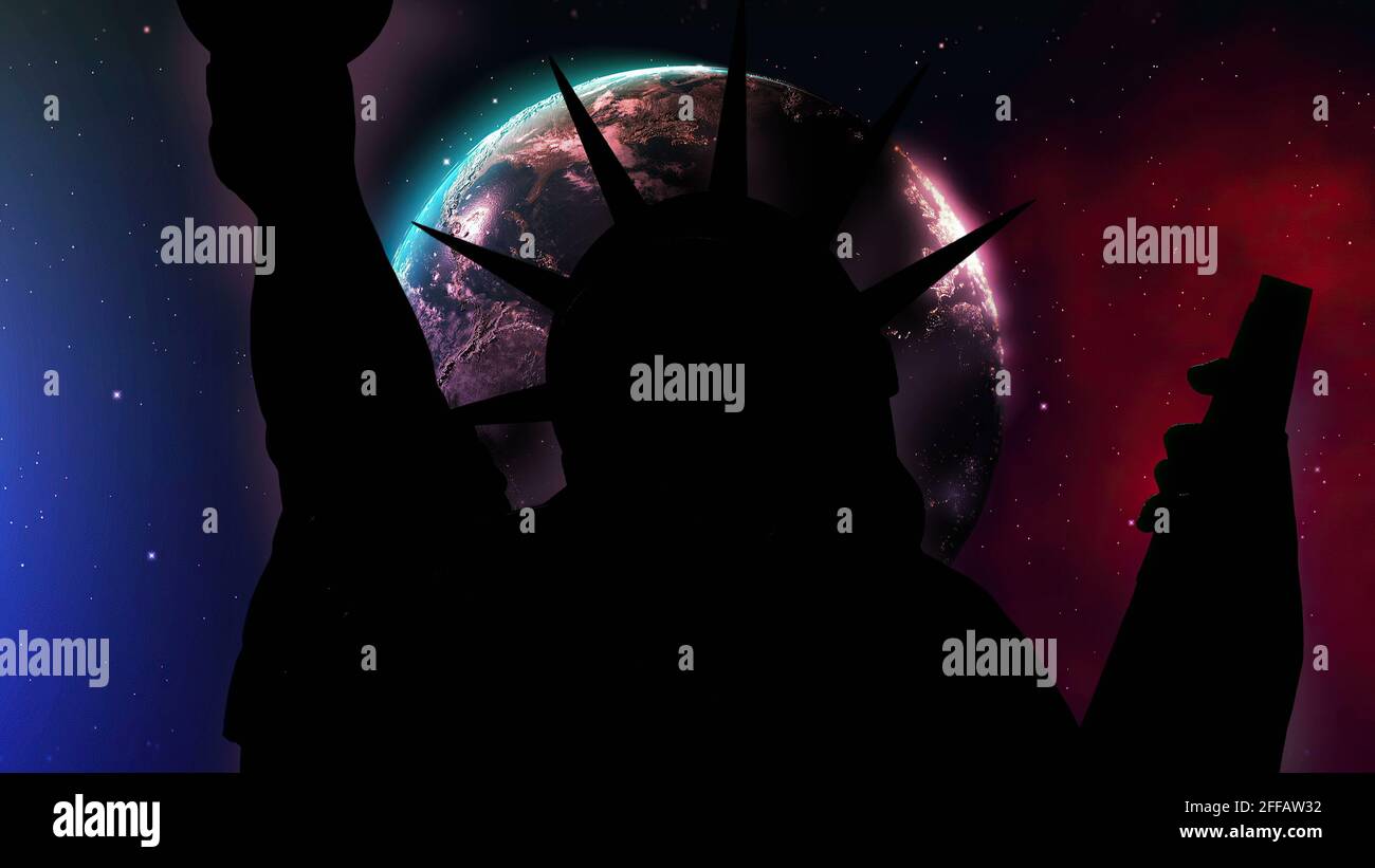 The statue of liberty of New York City against earth in space Stock ...