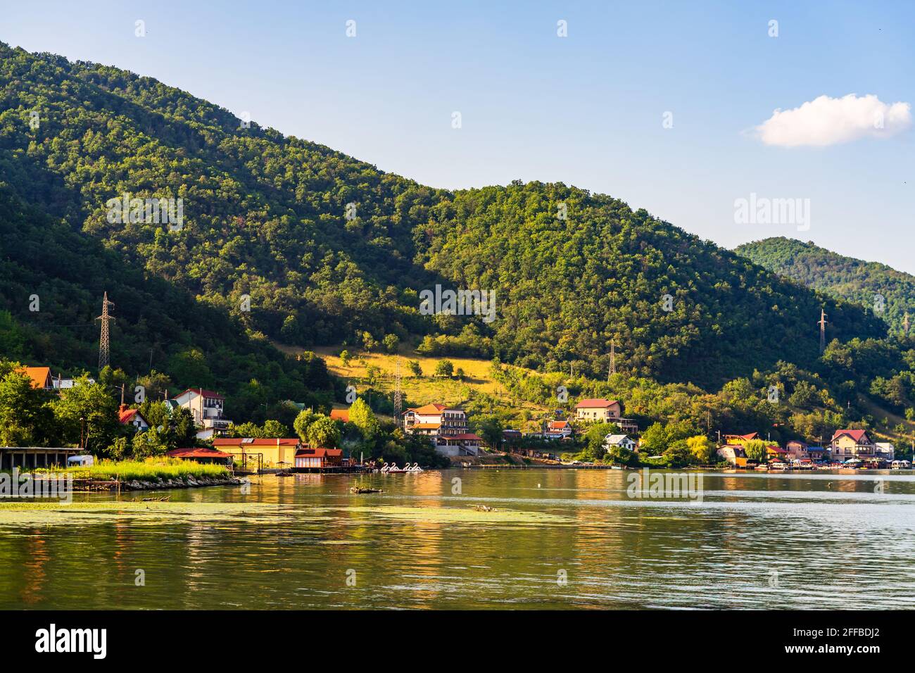 Beautiful view of Danube Gorge (Iron Gates) with buildings and mountain ...