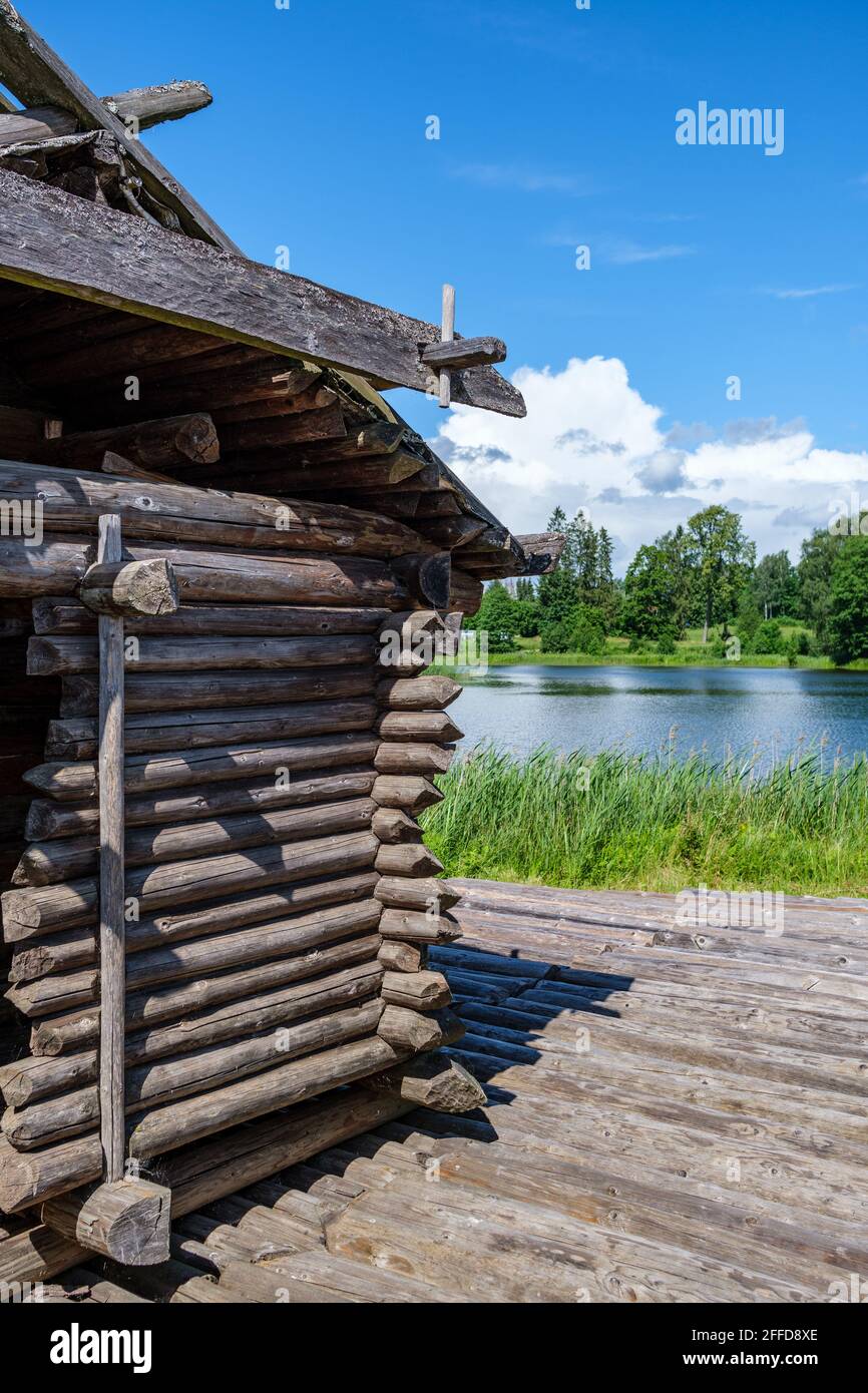 details of old restored wooden log castle. settlement of ancient people ...