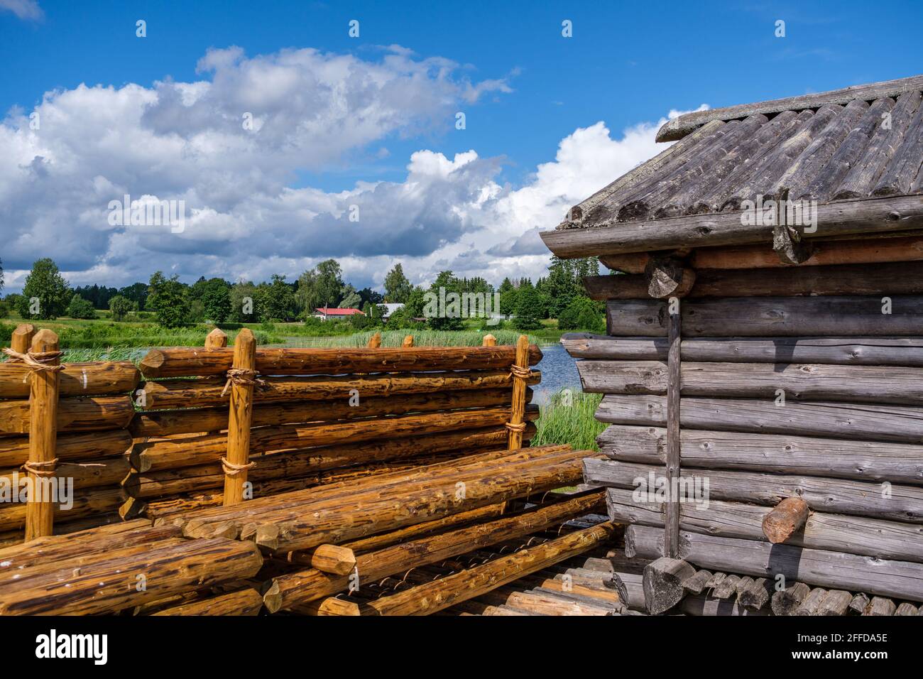 details of old restored wooden log castle. settlement of ancient people ...