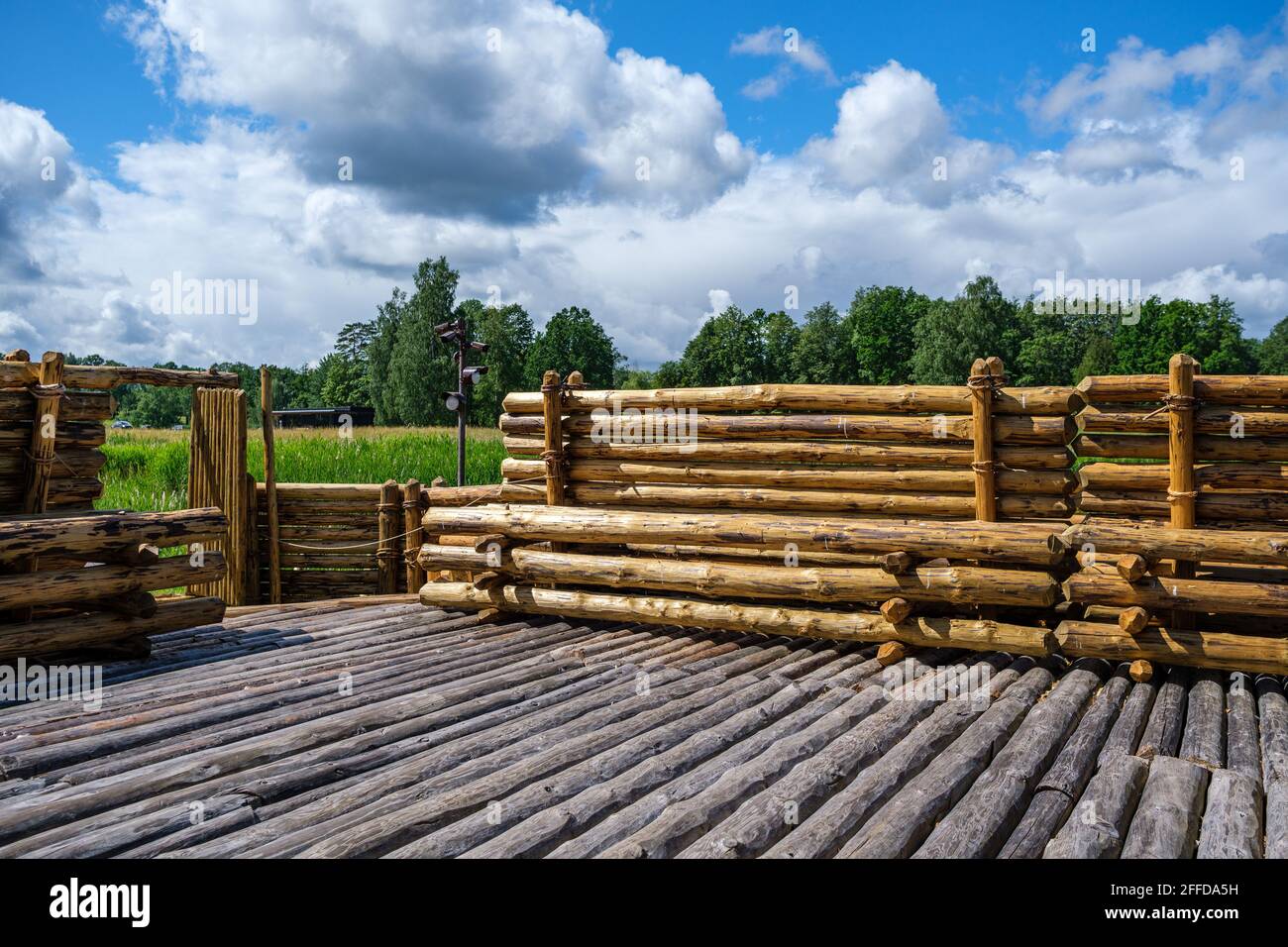 details of old restored wooden log castle. settlement of ancient people ...
