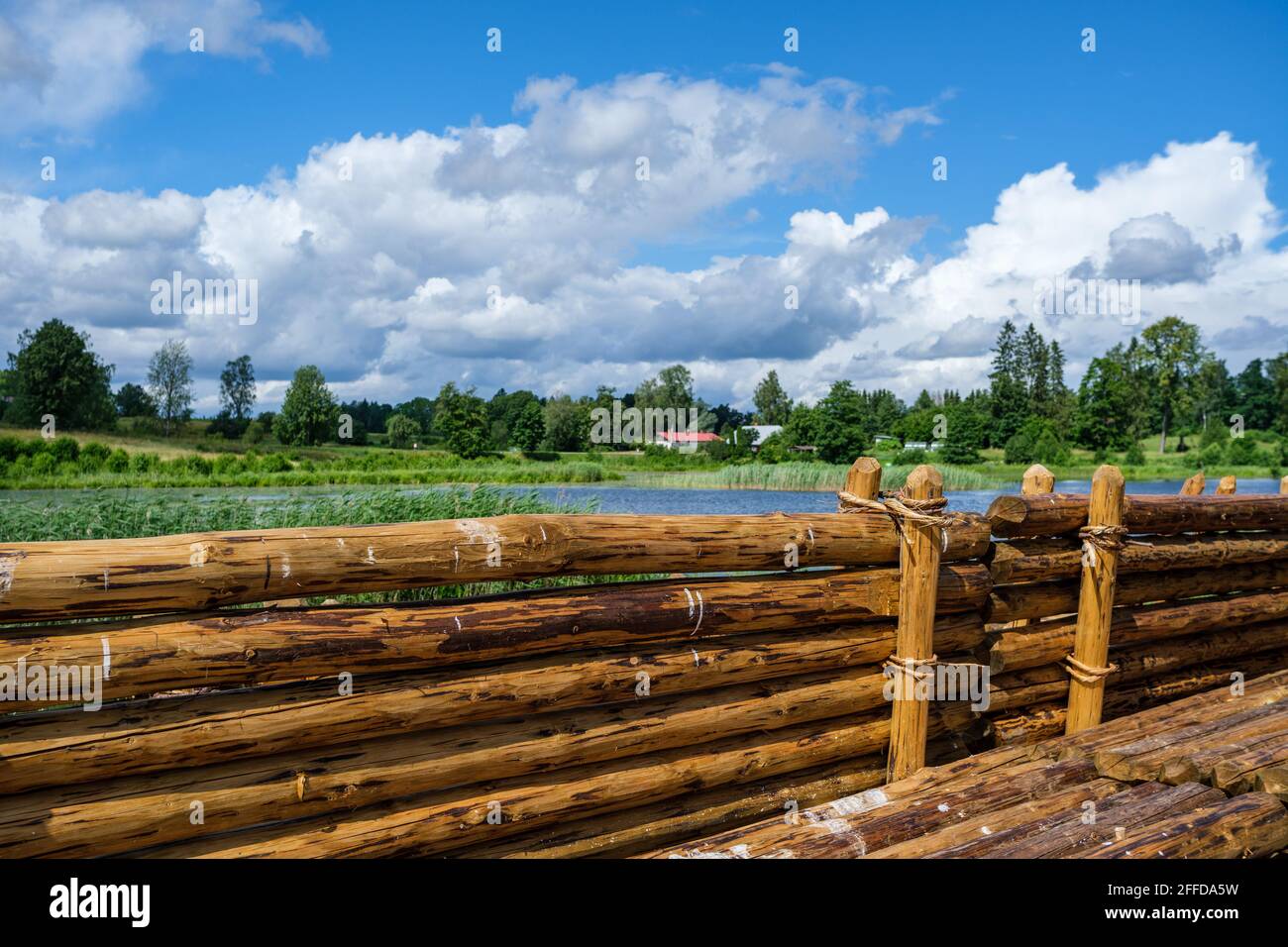 details of old restored wooden log castle. settlement of ancient people ...