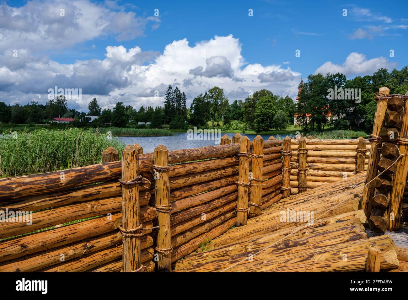details of old restored wooden log castle. settlement of ancient people ...