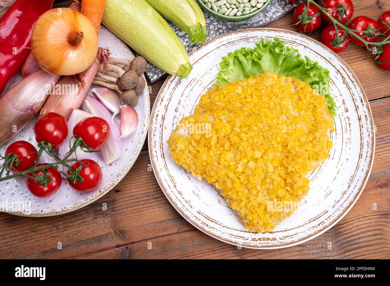Vegetarian schnitzel made from grains, soybeans, mais, vegetables and ...