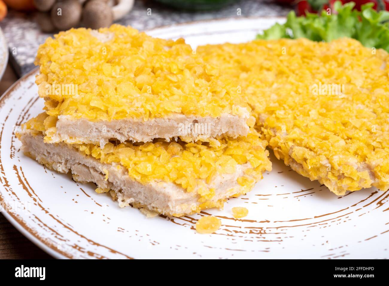 Vegetarian schnitzel made from grains, soybeans, mais, vegetables and ...