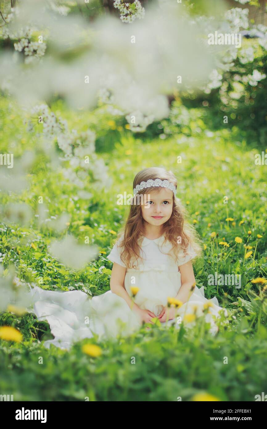 Girl in dress sitting in the spring cherry garden Stock Photo - Alamy