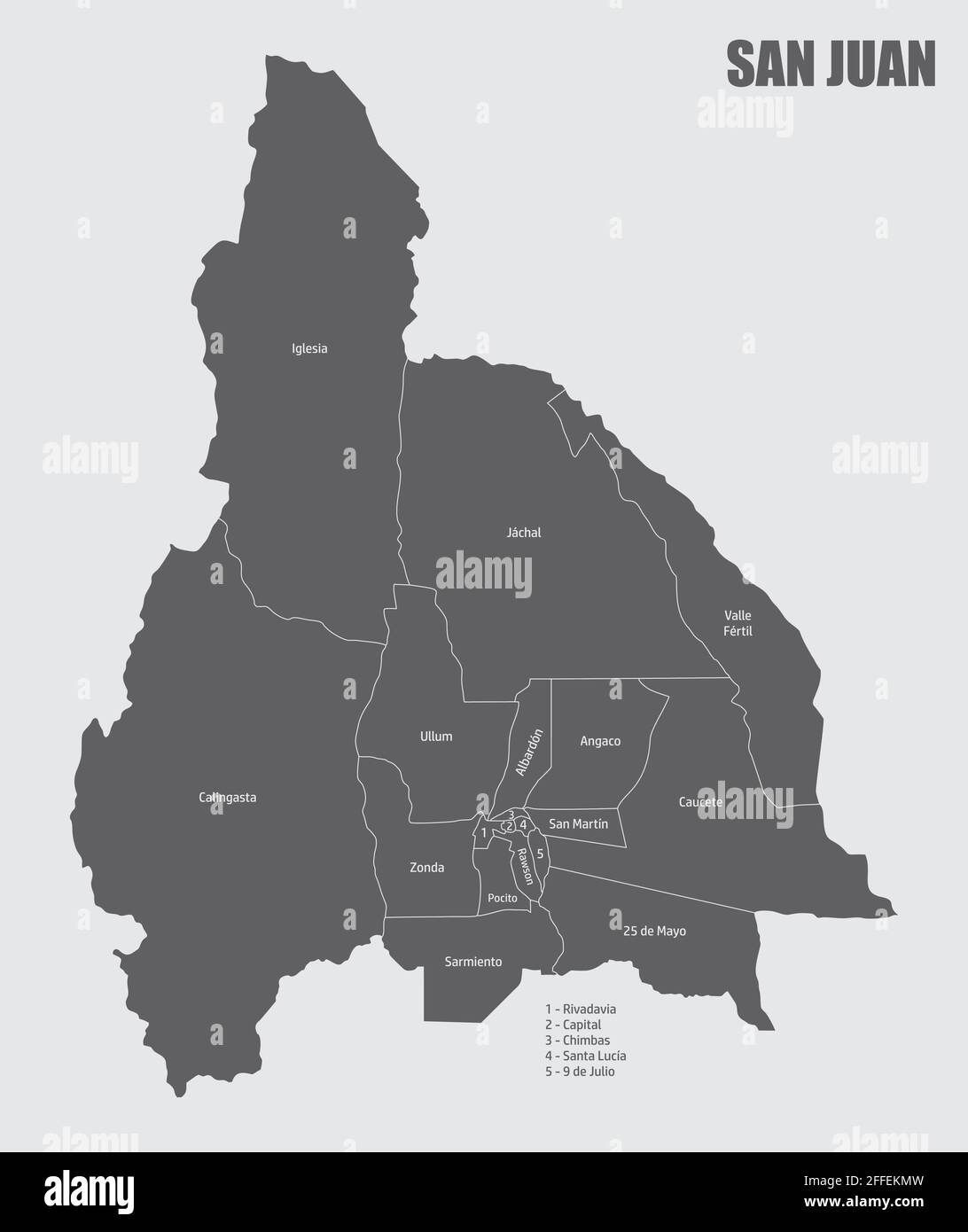 The San Juan province, isolated map divided in departments with labels ...