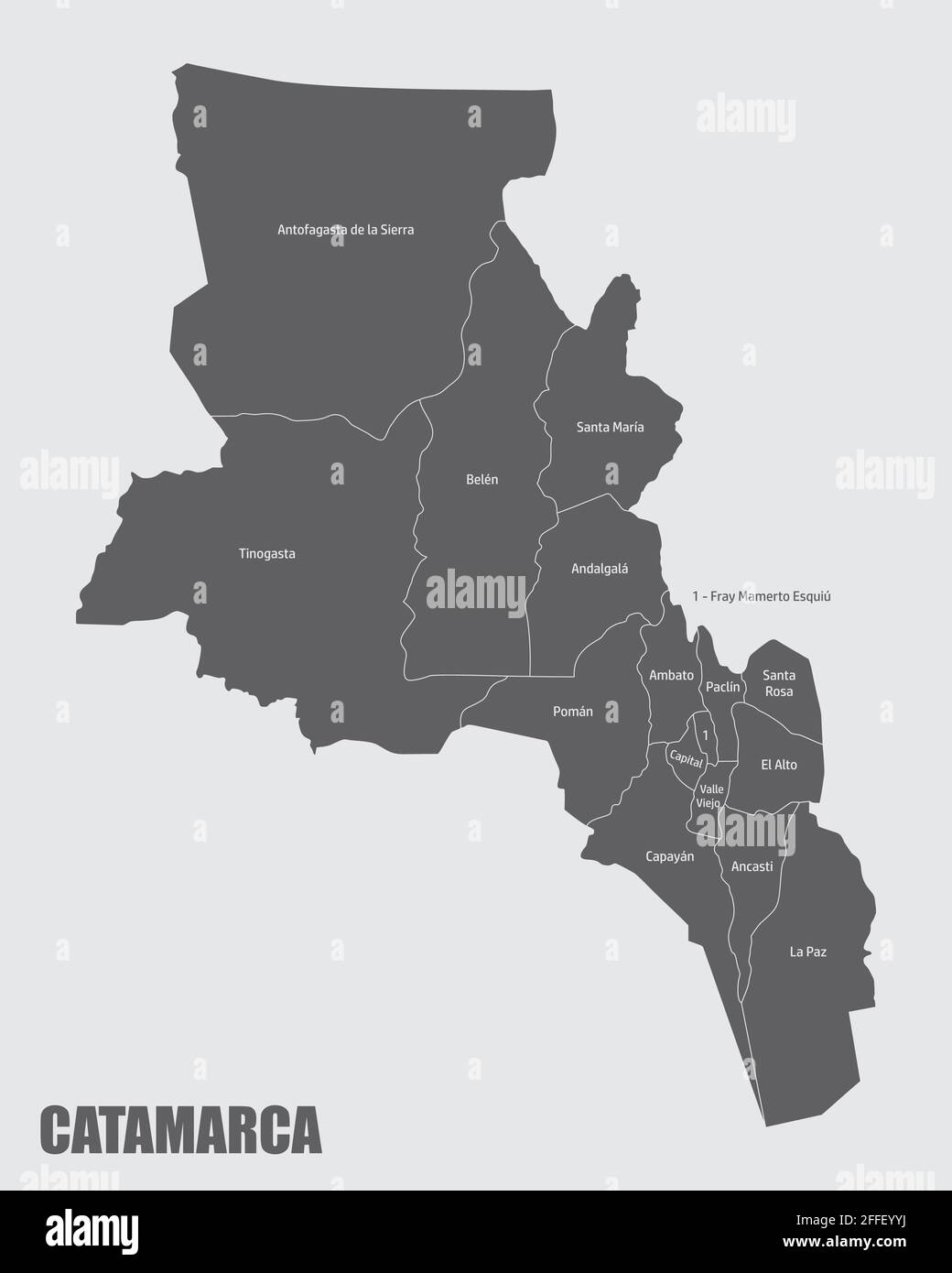 The Catamarca province, isolated map divided in departments with labels ...