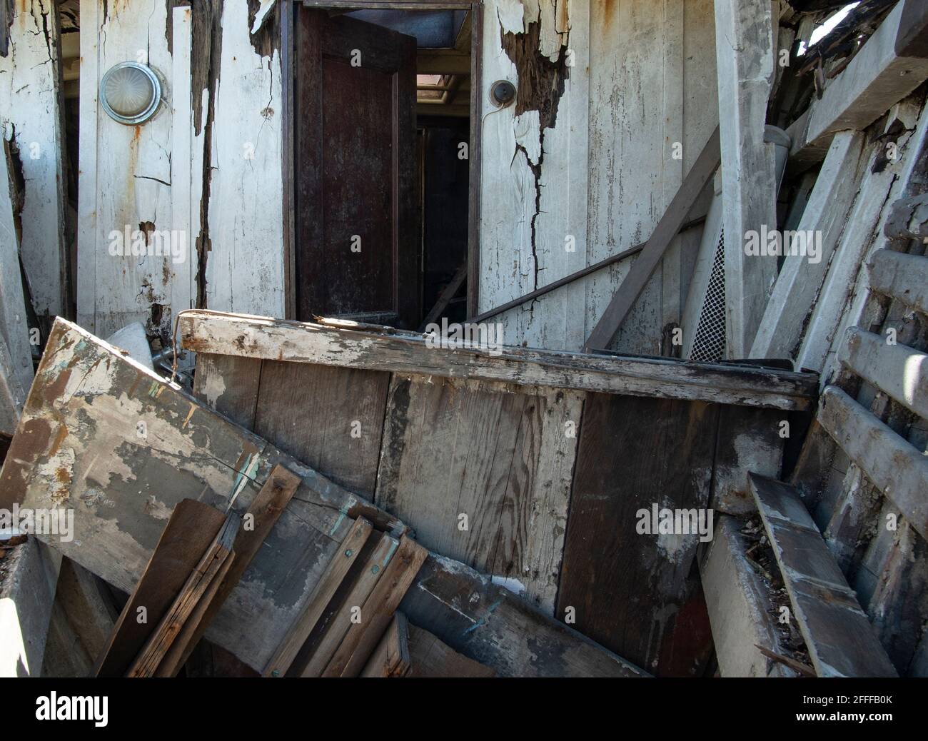 Interior of a wrecked boat cabin Stock Photo - Alamy