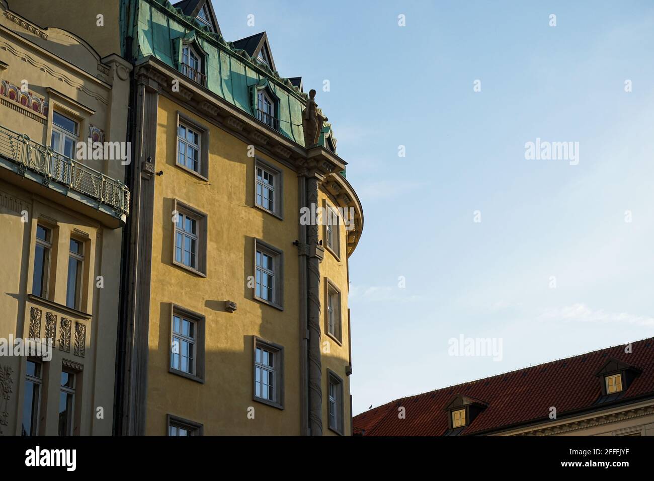 Beautiful golden building with rooftop in Prague, Czech Republic Stock ...