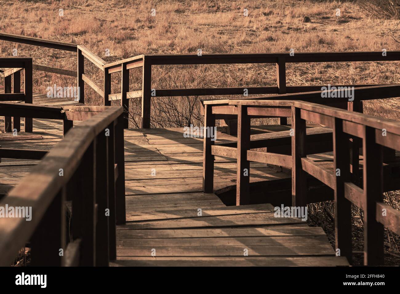 Crossroads of wooden walkways in a nature park Stock Photo - Alamy