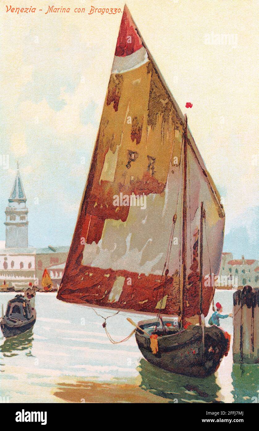 Vintage Italian postcard of a bragozzo sailing boat in Venice, Italy ...
