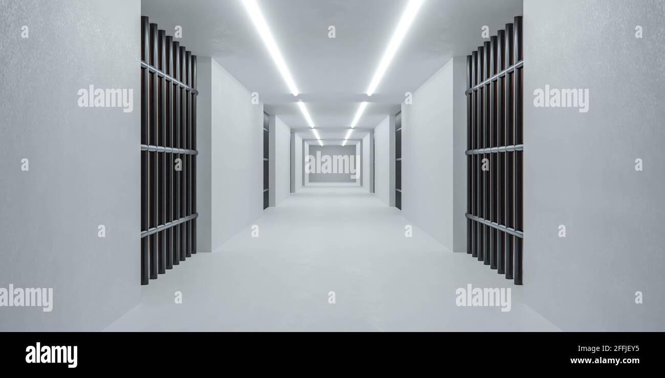 white futuristic prison basement hallway with metal iron doors 3d ...