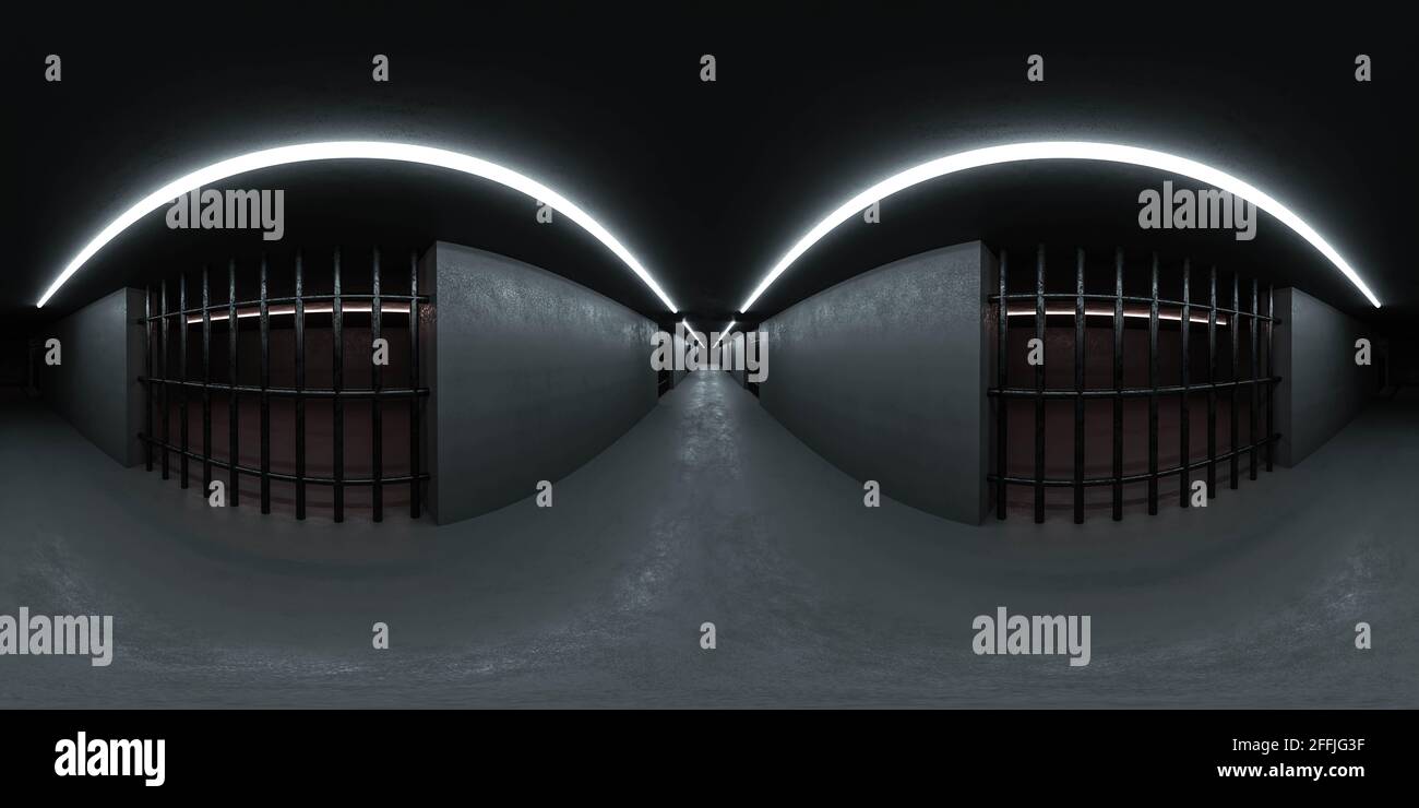 360 spherical paborama view of dark industrial style prison building ...