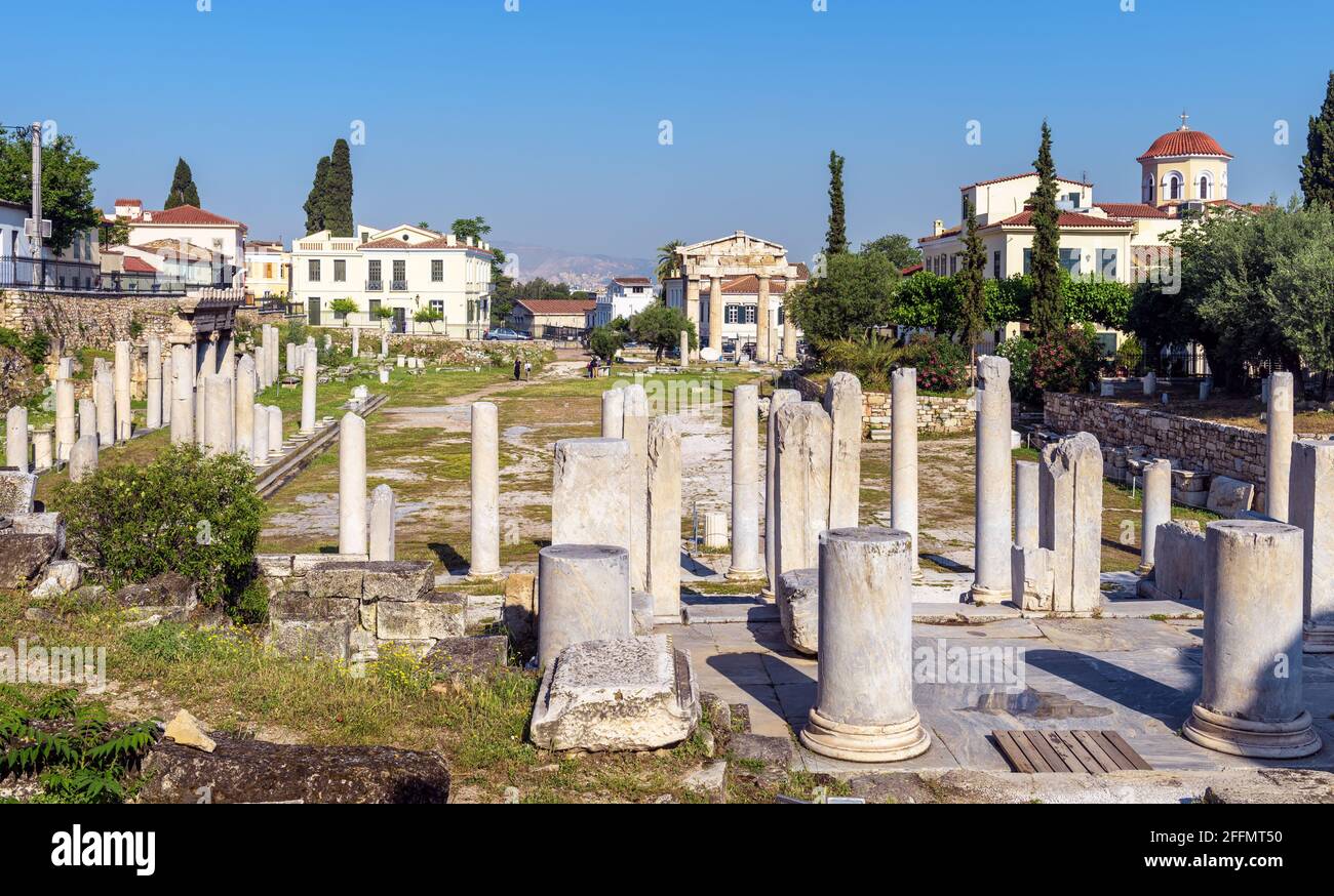 Roman Agora, ancient square in Athens, Greece, Europe. Panorama of old ...