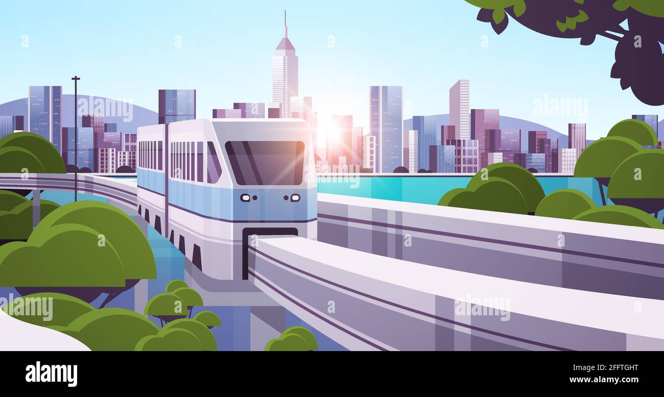 modern town with skyscrapers and monorail train on bridge smart city ...