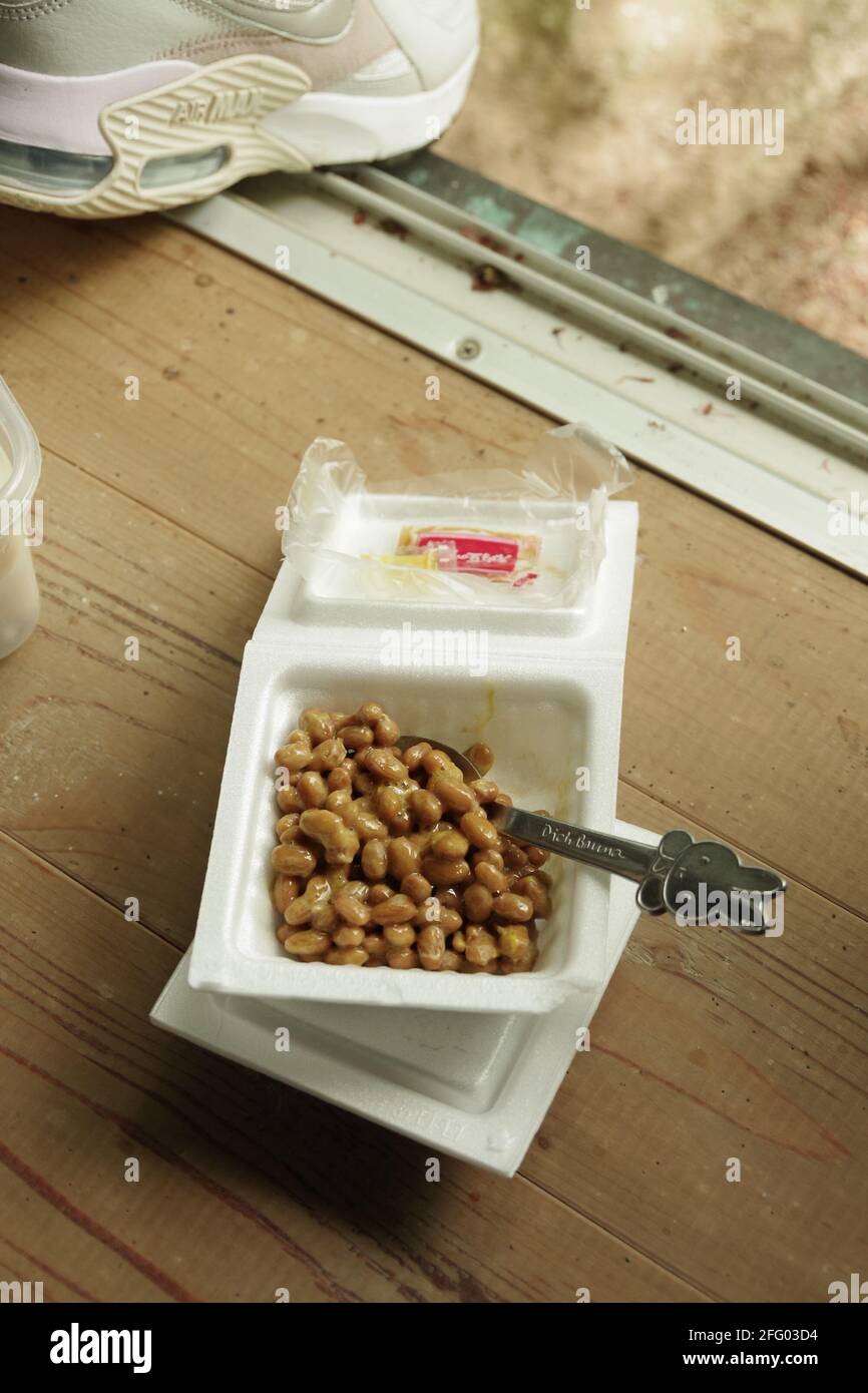 Oozore, Shizuoka, Japan, 18-04-2021 , Natto beans box on the floor of a ...