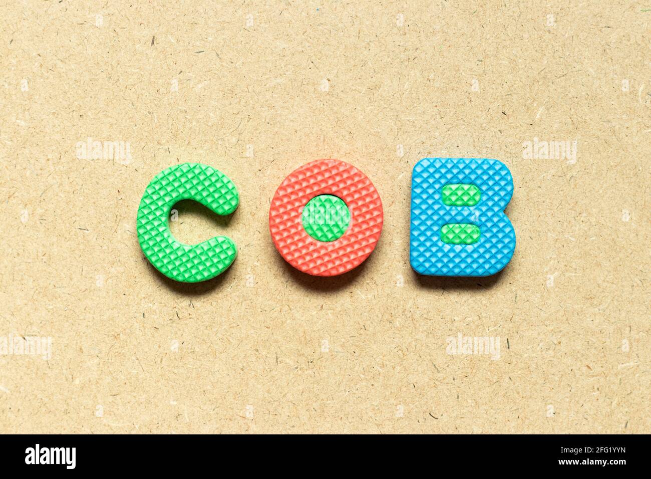 Foam alphabet letter in word COB (abbreviation of close of business) on ...