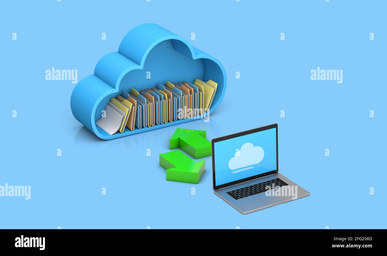 Transfer of files and data from server to computer. Cloud storage. Blue ...