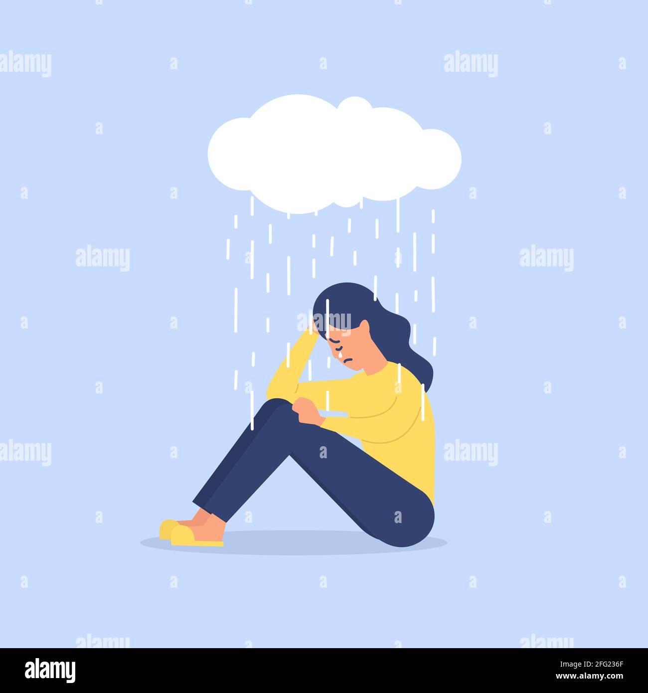 Young woman sitting under rain, depression concept. Depressed, unhappy ...